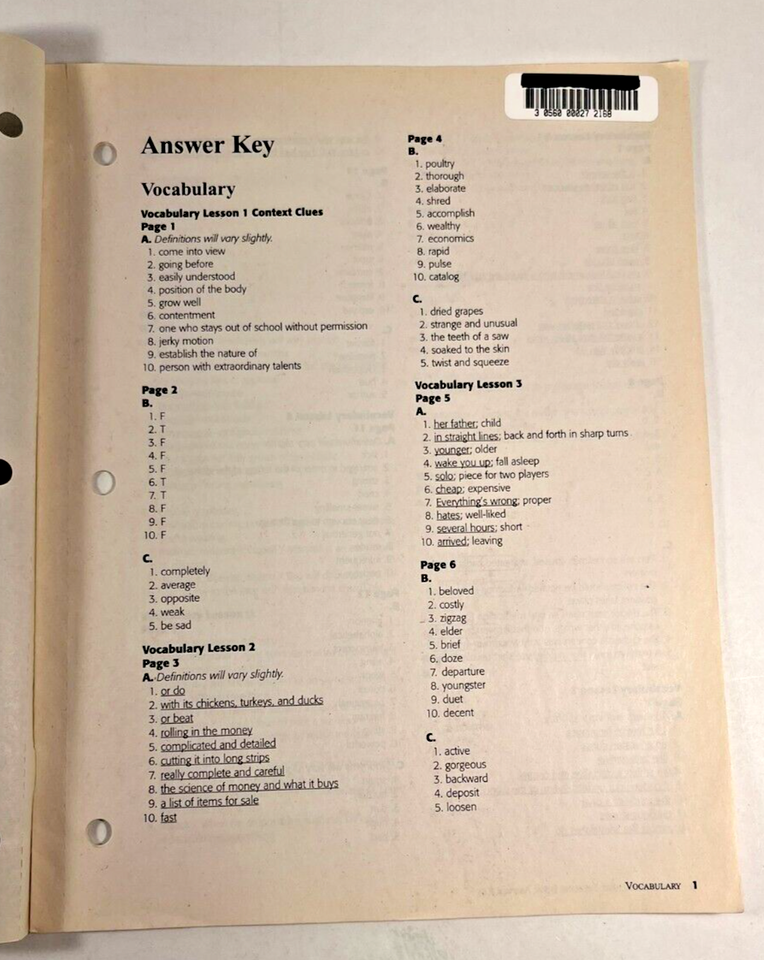 Vocabulary & Spelling Answer Key McDougal Littell 2002 GR 6Acceptable ...