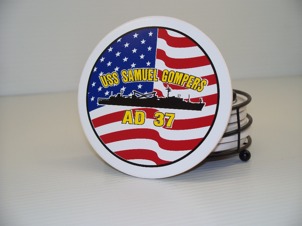 USS SAMUEL GOMPERS AD 37 Ceramic Coasters Set W / Holder USN Navy ...