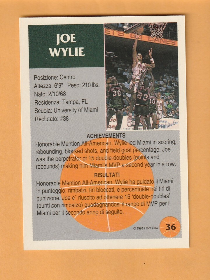 Joe Wylie Miami Hurricanes 1991 Front Row Italian #36 Washington DC 3Z ...