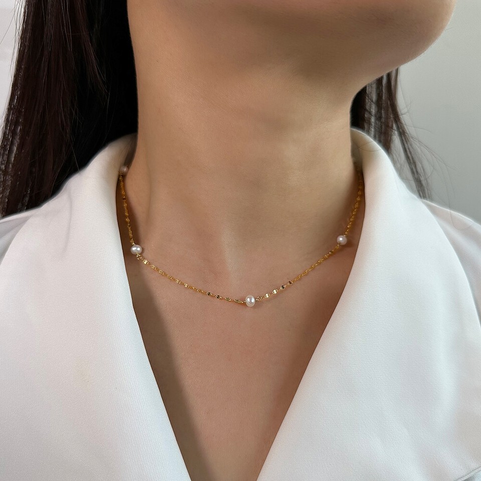 Freshwater Pearl Station Lip Chain Necklace Solid Sterling Silver 14K ...