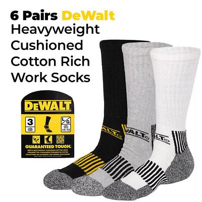 DEWALT 6 Pair Pack Black Heavy Duty Cushioned Work Socks Grey White 10 ...
