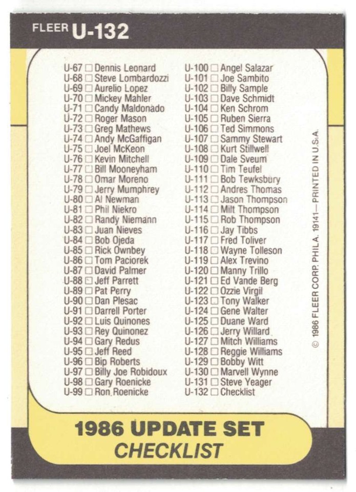 1986 Fleer Update #U-132 Checklist CL | eBay
