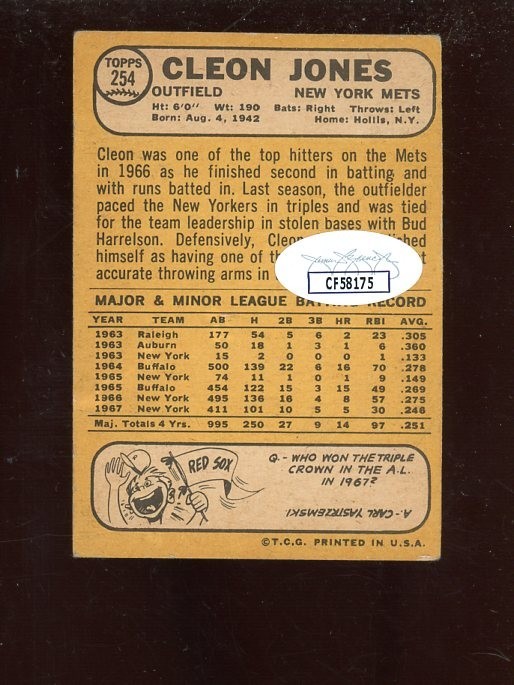 Cleon Jones Signed 1968 Topps #254 Mets AUTO W/ JSA Sticker | eBay