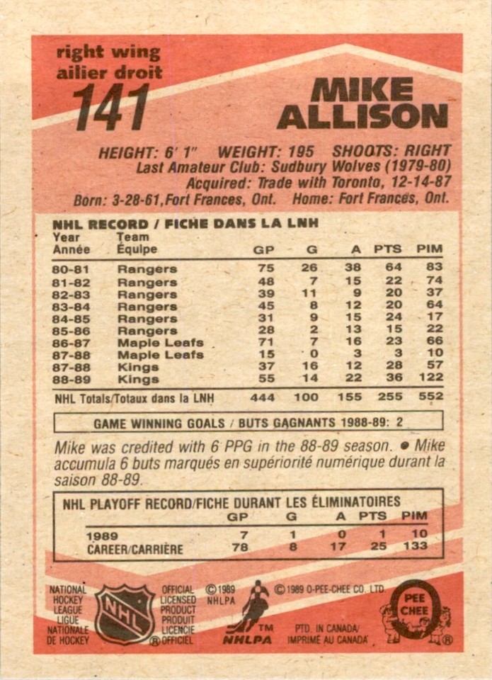 1989-90 O-PEE-CHEE MIKE ALLISON LOS ANGELES KINGS #141 | eBay