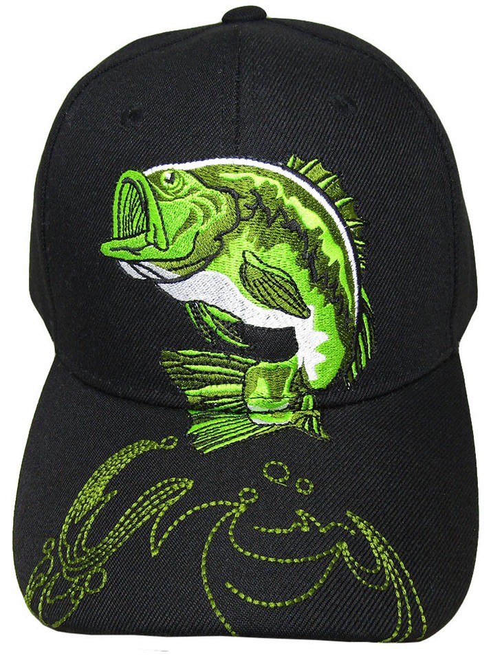Kiss My Bass Large Mouth Bass Black Fishing Fish Green Embroidered Cap ...