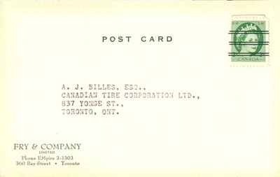 Canada 1957 Precancel Postcard Fry & Co Norris Roy Crump President C.P ...