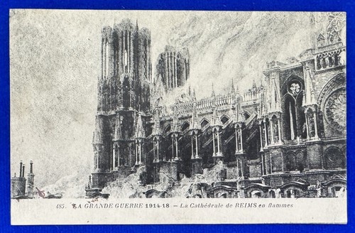 Antique 1918 Reims Cathedral on Fire After Bombs by Germans France ...