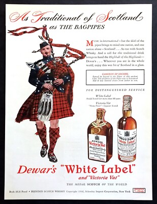 1967 Cameron of Lochiel Bagpipe Player art Dewar's White Label Scotch ...