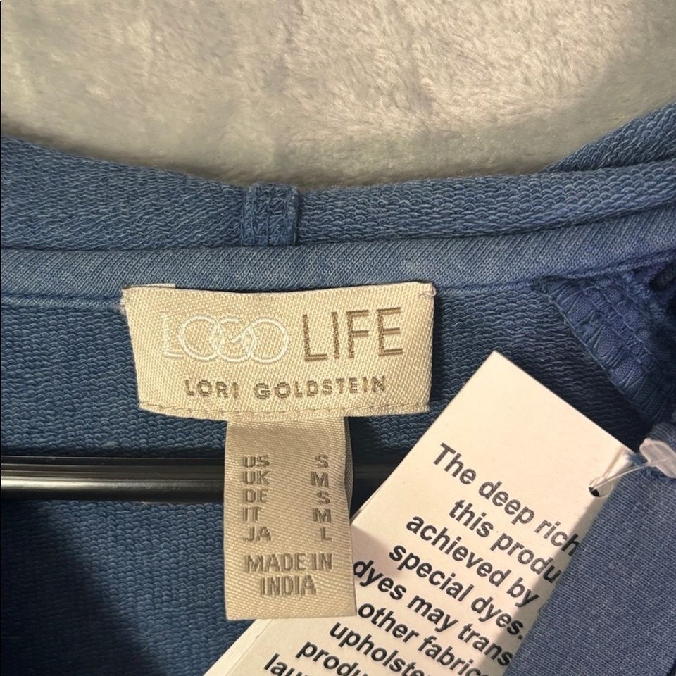 NWT New Logo Life Blue Hooded Vneck Top w/Pleated Embroidered Details ...