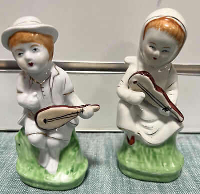 Set of 2 Vintage Porcelain Figurines Boy and Girl Playing Instruments ...