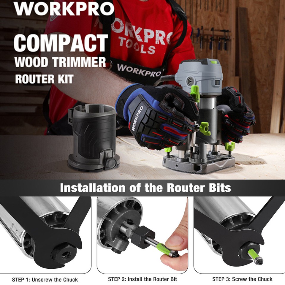 WORKPRO Compact Router Combo Kit 6.5 Amp Compact Router Fixed Base ...
