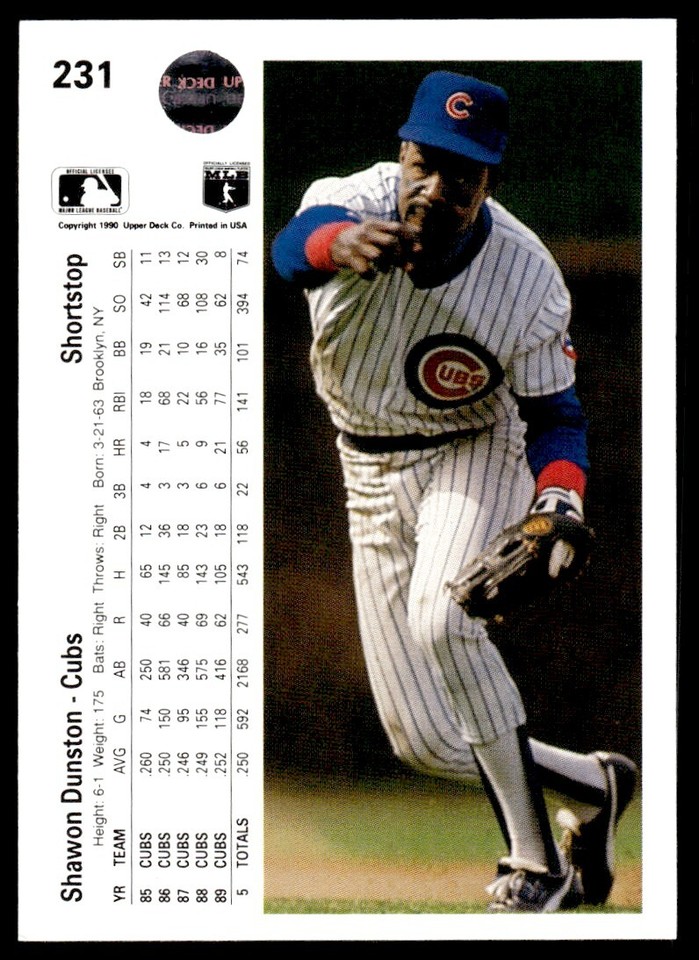 1990 Upper Deck Baseball Card Shawon Dunston Chicago Cubs #231 | eBay