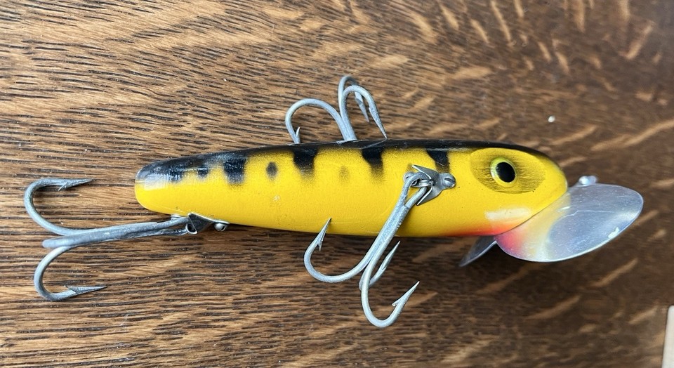 Rare Wood Arbogast Musky Jitterbug In Chartreuse Coachdog & Correct Box ...