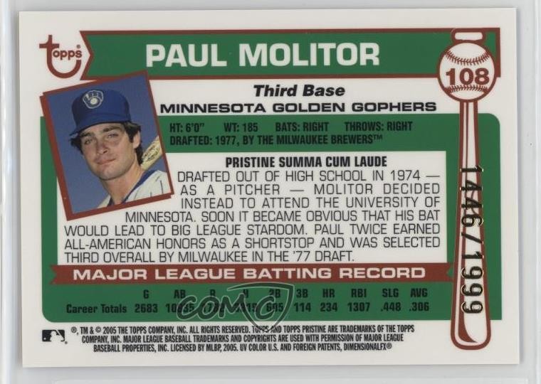2005 Topps Pristine Legends The College Years /1999 Paul Molitor #108 ...