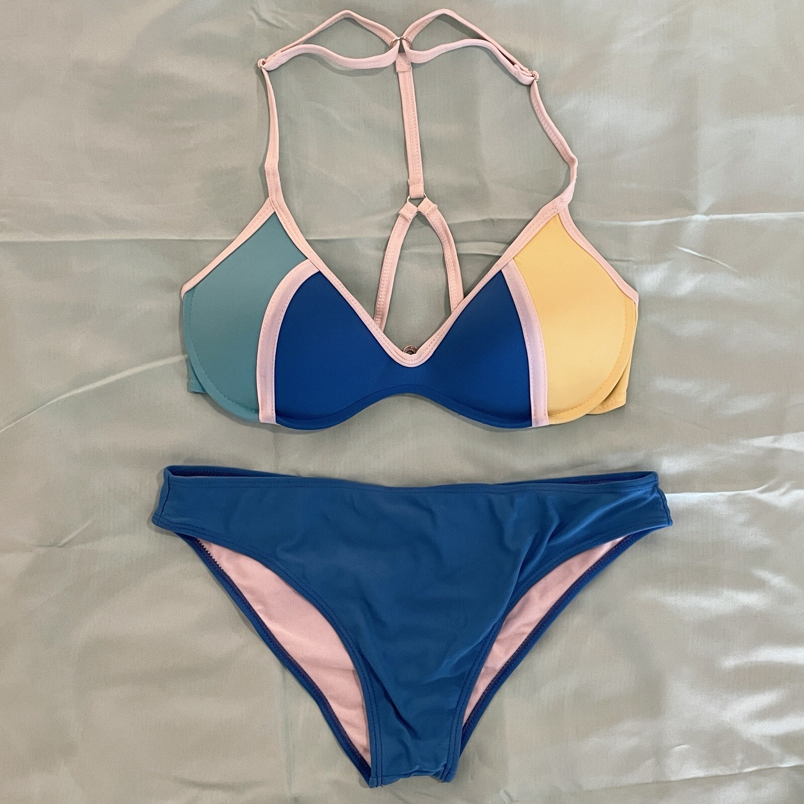 2 Pc Bikini Set Block Colors Blue Yellow White Rouche… Gem