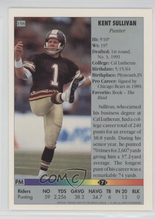 1992 Ultimate World League of American Football Kent Sullivan #158 | eBay
