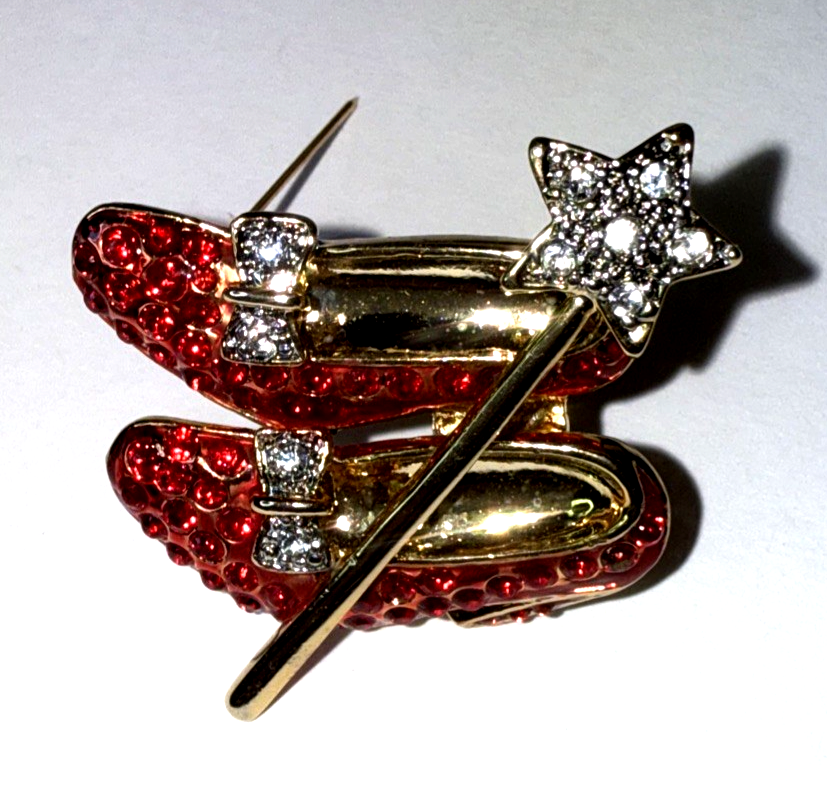 Ruby Slippers Brooch Pin Dorothy Wizard Oz Red Crystal Glinda Wand Gold ...