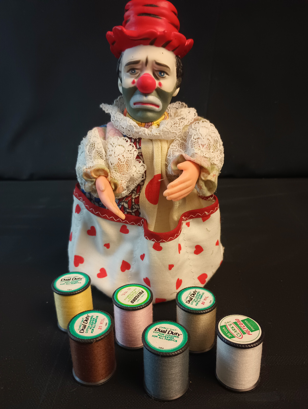 Vintage Sad Clown Doll Emmett Kelly Jr. Sewing Thread Caddy 6 spools Folk Art? | eBay