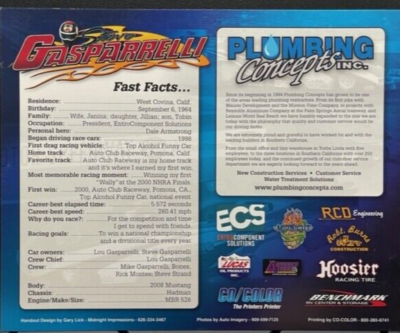 VRHTF NHRA COOL STEVE GASPARELLI TOP ALCOHOL FUNNY CAR HAND OUT | eBay