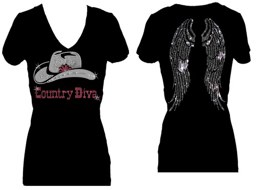 COUNTRY DIVA ANGEL WINGS RHINESTONE COWGIRL HAT V NECK SHORT SLEEVE TEE ...