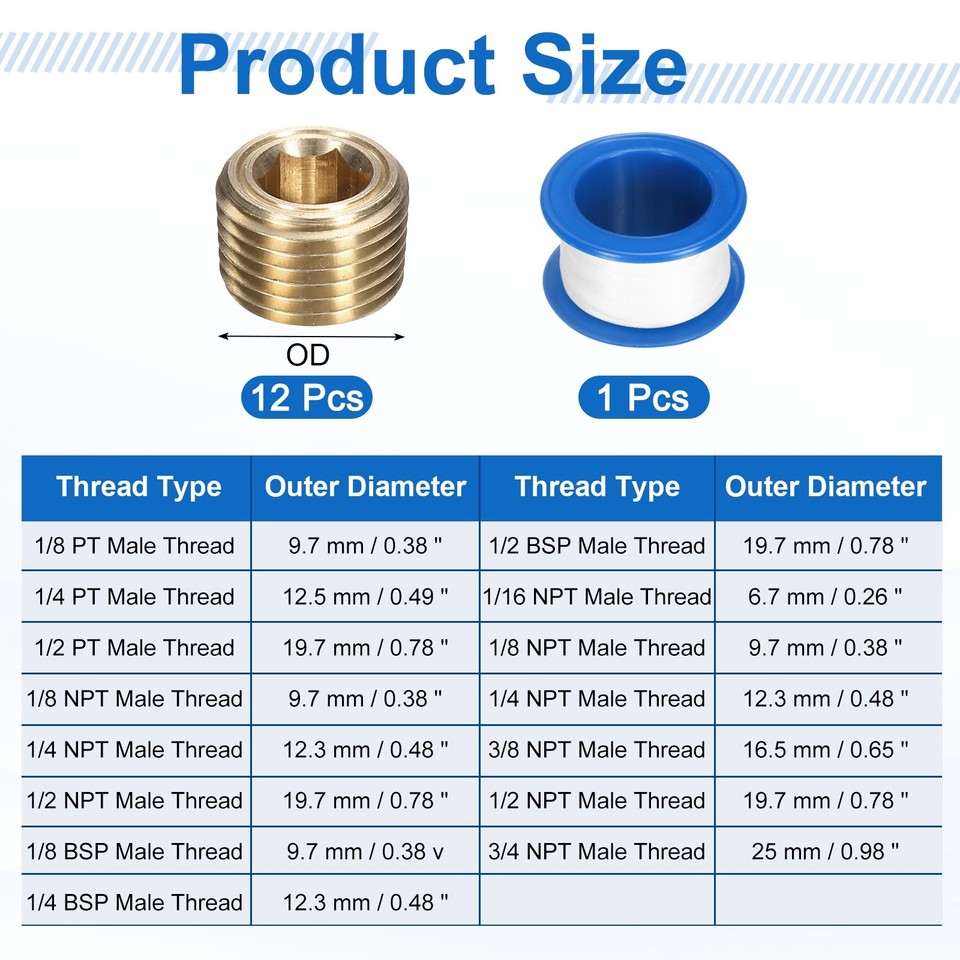 12Packs 1/8 NPT Brass Pipe Plug Fitting Male Thread Internal Hex Socket ...