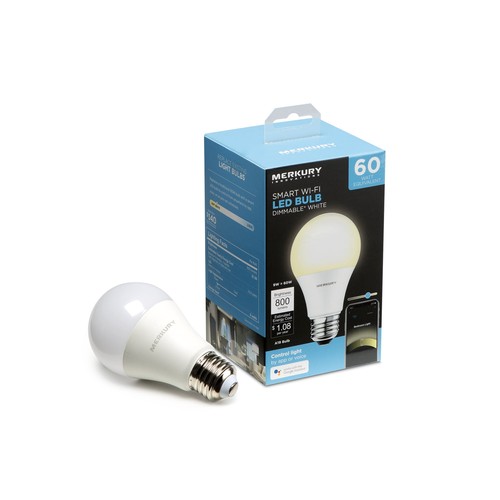 Merkury Innovations Indoor A19 Smart Light Bulb, 60W Dimmable White LED ...