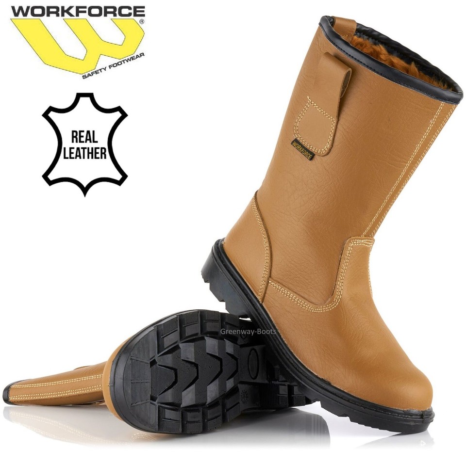 MENS WORKFORCE LEATHER WATERPROOF RIGGER SAFETY STEEL TOE CAP BOOT ...