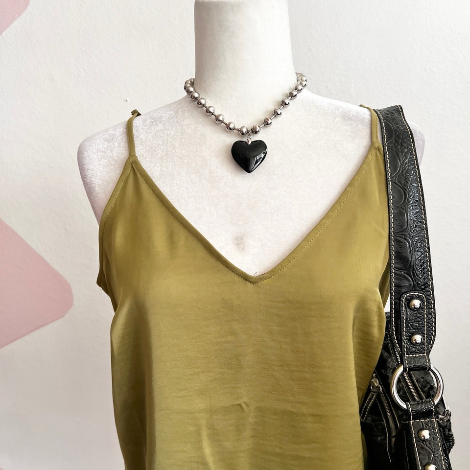 Olive Green Cami Tank Top Y2K 2000s Layering Boho 90s Vintage Medium | eBay