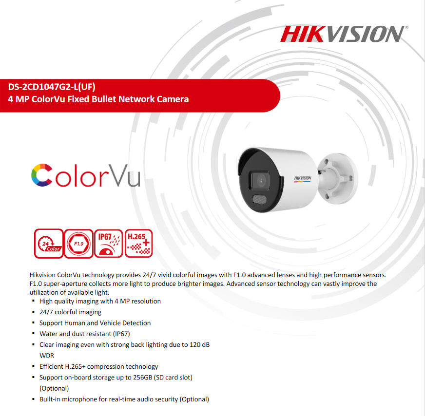 Hikvision 4MP Bullet IP Camera ColorVu Built-in Mic PoE H.265+ DS ...