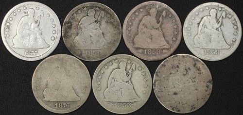 Lot of 7x Seated Liberty Silver Quarters 25C (KEY DATES, Inc. 2x ARROWS ...