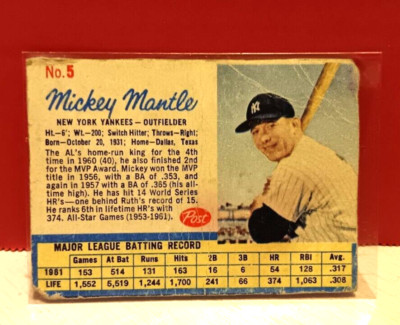 Vintage 1962 Post Cereal MICKEY MANTLE #5 BASEBALL CARD cut from box | eBay