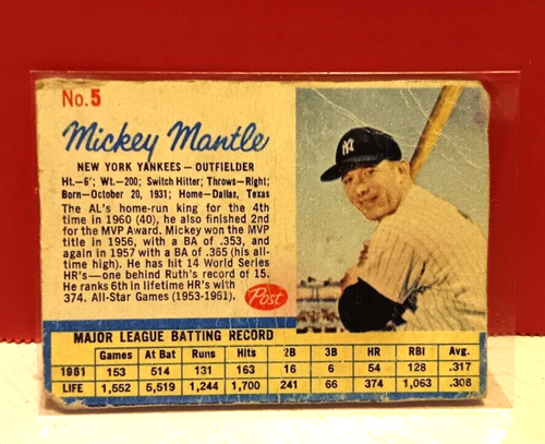 Vintage 1962 Post Cereal MICKEY MANTLE #5 BASEBALL CARD cut from box | eBay