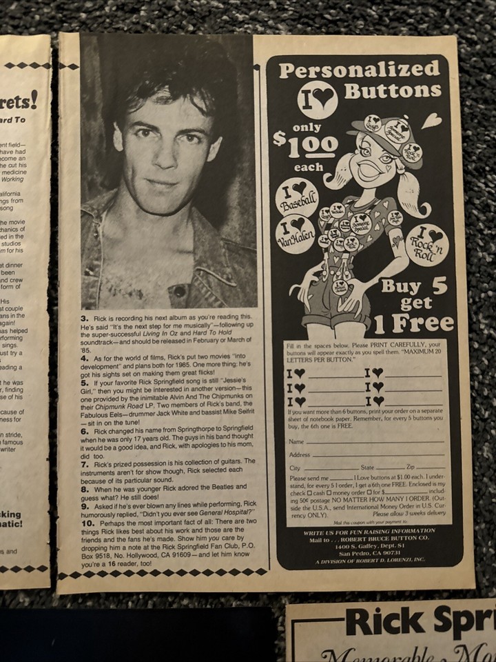 RICK SPRINGFIELD Teen Pinup & Magazine Clippings Nice! Lot #2 | eBay