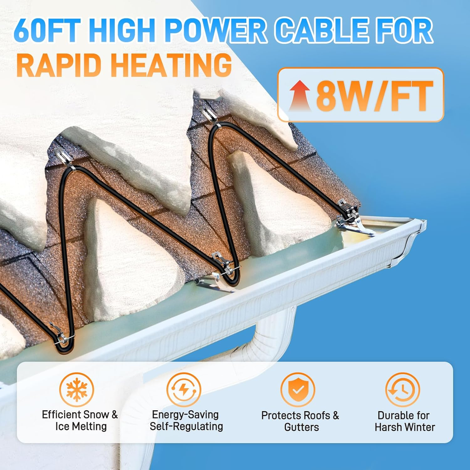60FT Roof & Gutter Heat Cable, 8W/FT Heat Tape for Roof and Gutters ...