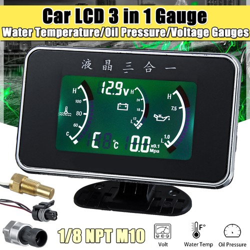 3 In 1 LCD Car Digital Gauge Voltmeter + Oil Pressure + Water Temp ...