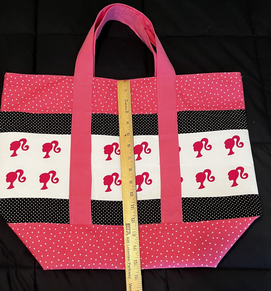 BARBIE NEW Handmade Large Tote bag w/ Barbie ponytail fabric, black ...