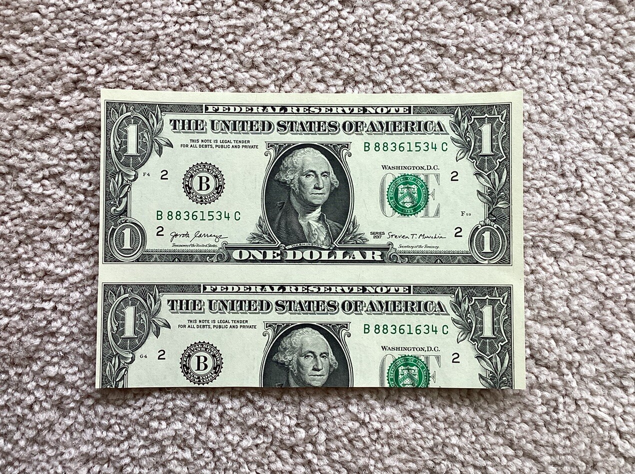 $1 One Dollar Bill Miscut/Missalignment Uncut Sheet Error Three Serial ...