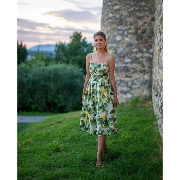 H&M Linen Blend Lemons Print Dress Midi Measurements ⬇ M L | eBay