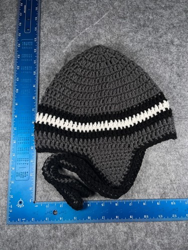 Beanie Toque Adult One Size Gray Black White Stripe Acrylic Ear Flap ...