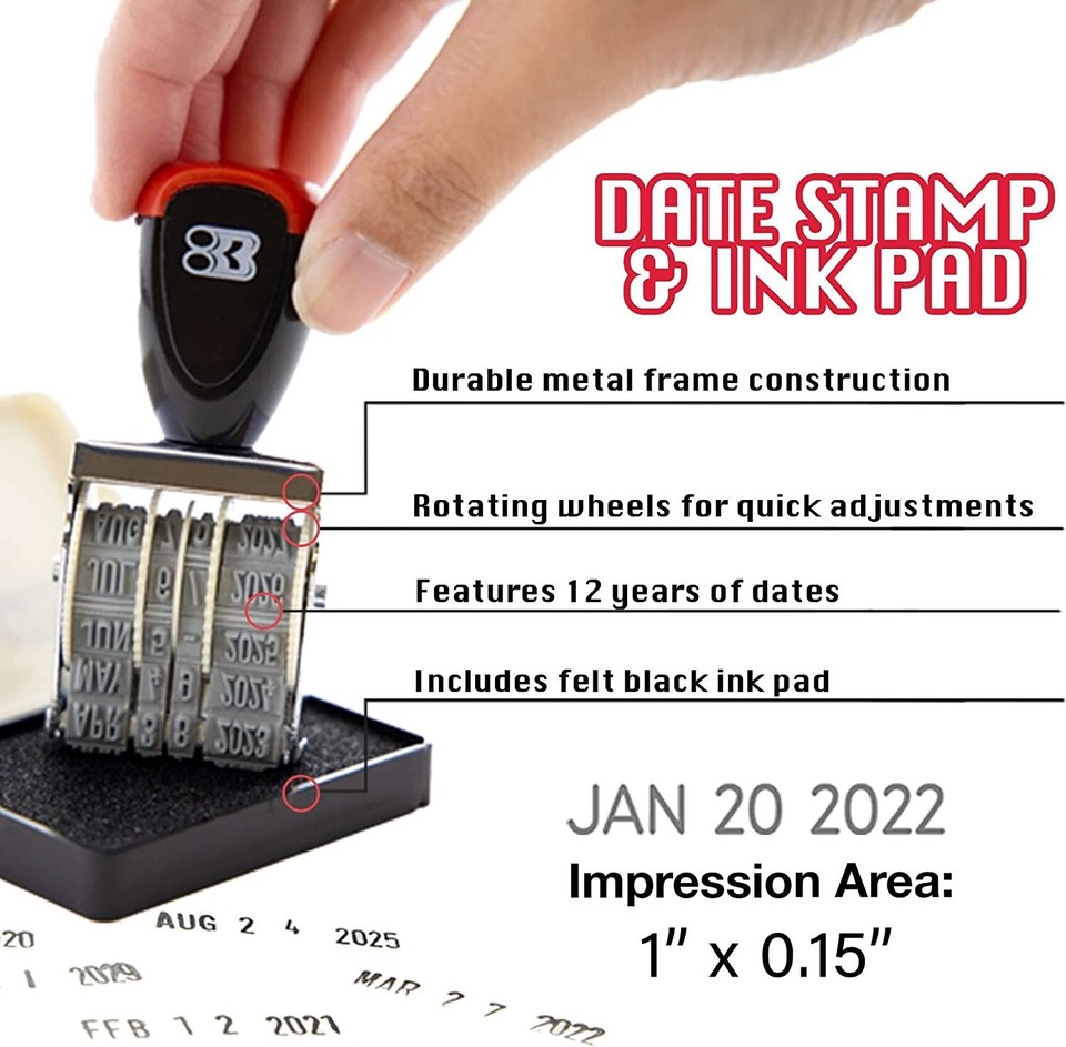 BAZIC Date Stamp and Ink Pad (Black Ink) Stamp Impression Size 1" x 0. ...