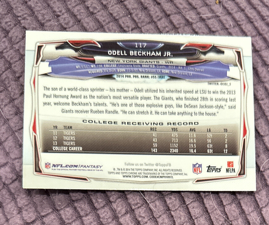 2014 Odell Beckham Jr RC Topps Chrome Xfractor #117 Rookie | eBay