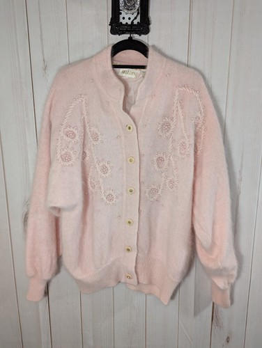 Vintage Venesha Angora Pink Fuzzy Pearl Beaded Sweater Medium Oversized ...