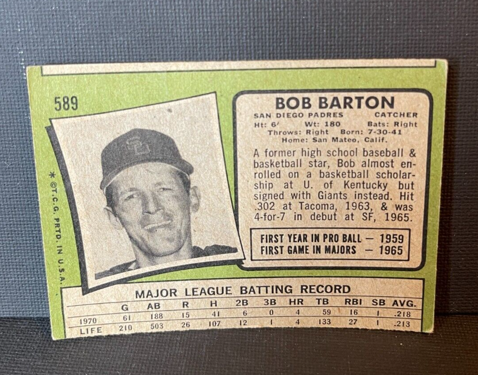 1971 TOPPS # 589 BOB BARTON SAN DIEGO PADRES | eBay