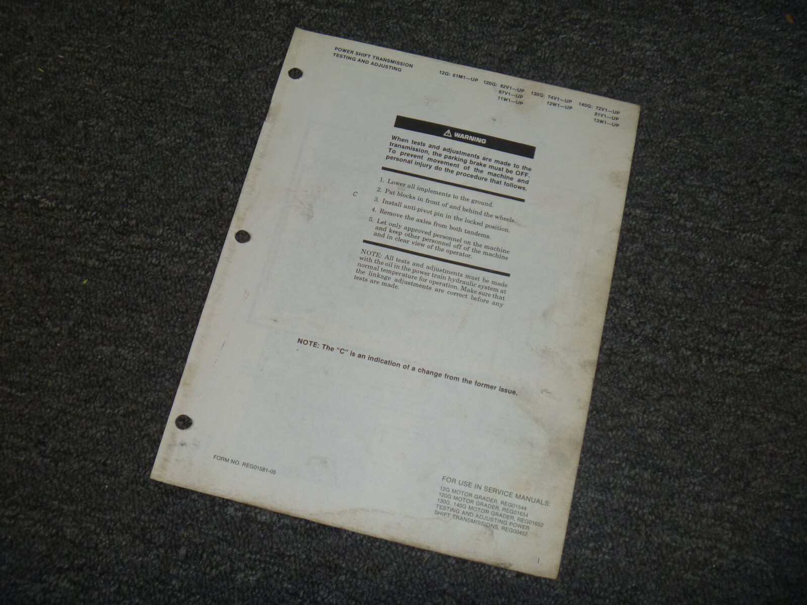 CAT Caterpillar 130G 140G Transmission Test Adjust Service Repair ...