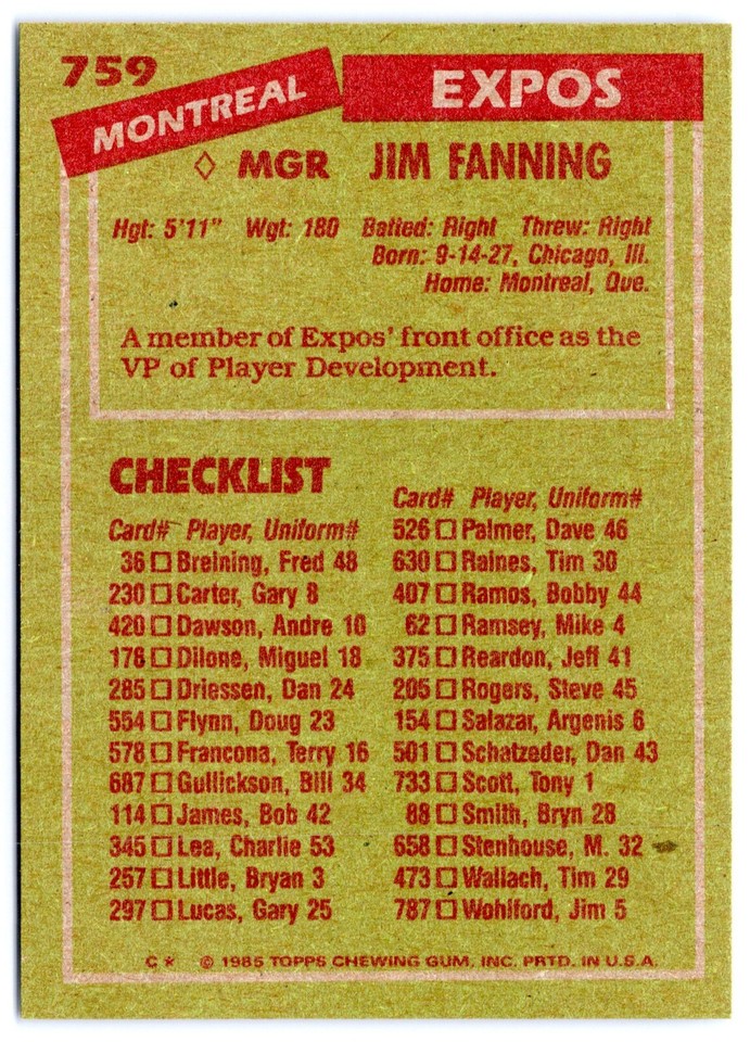 JIM FANNING 1985 TOPPS 85 NO 759 NRMINT+ 33653 | eBay