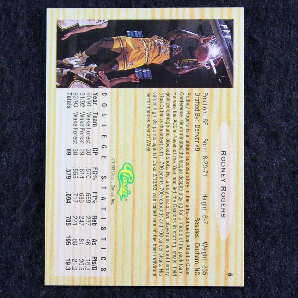 1993 Classic Draft Picks - Rodney Rogers - RC - #6 - Rookie - Wake ...
