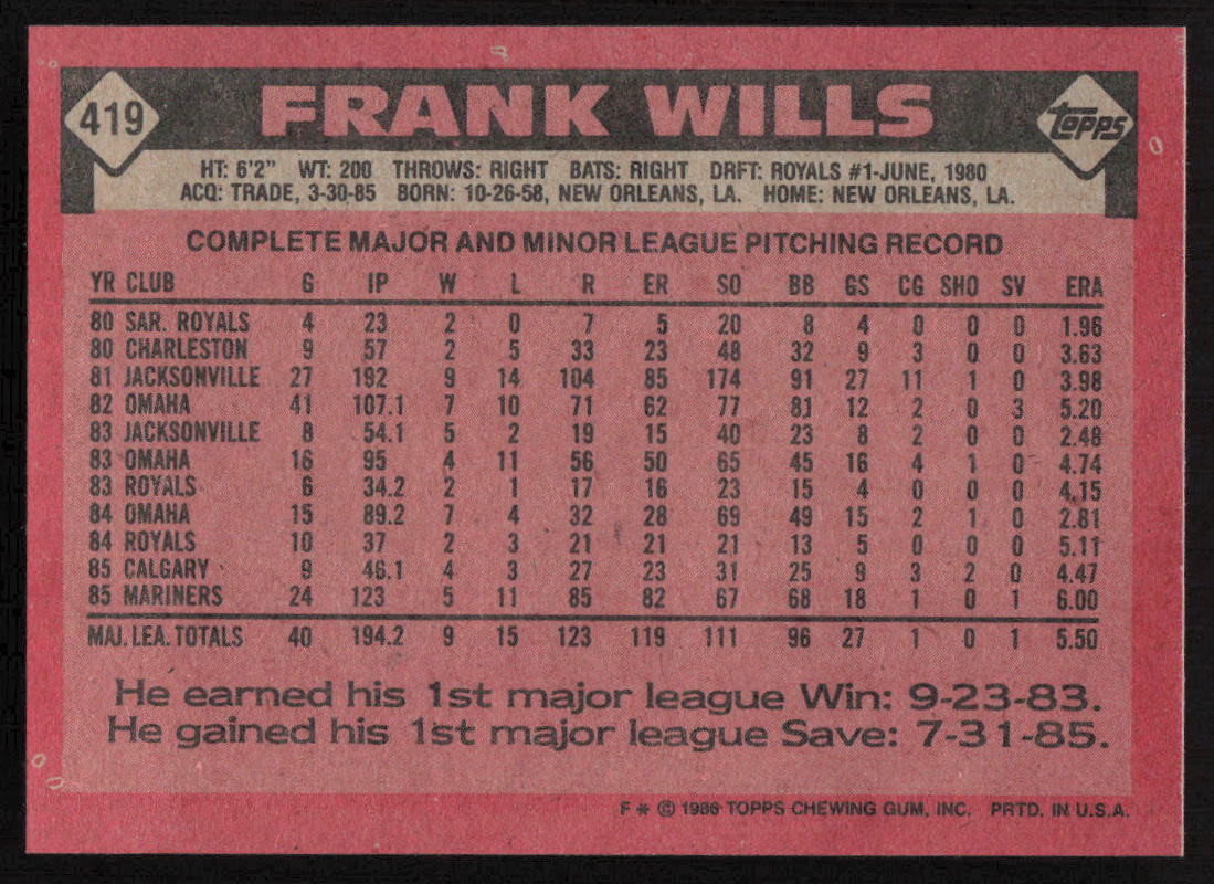 1986 Topps Frank Wills #419 Seattle Mariners | eBay