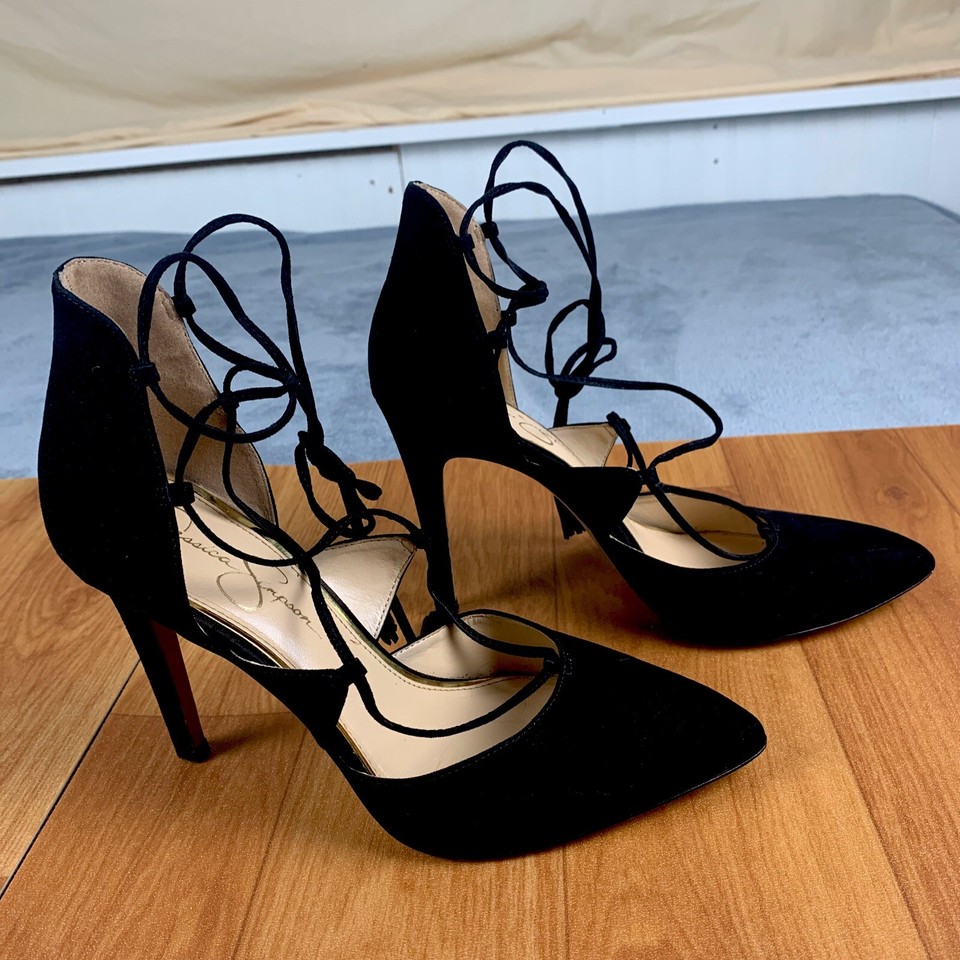 Jessica Simpson Black Suede Shoes Strappy Lace Up Heels Women's Size 8. ...