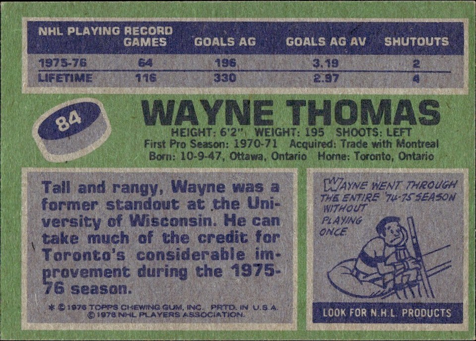 1976-77 Topps Wayne Thomas Toronto Maple Leafs #84 | eBay