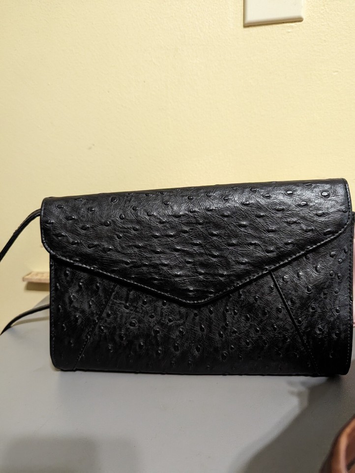 Faux Leather Ostrich Skin Crossbody Flap-Over Handbag Purse Black | eBay
